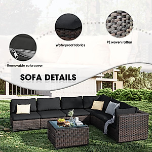 TANGJEAMER 9 Piece Patio Furniture Set All Weather PE Rattan Outdoor Sectional Sofa Couch with No-Slip Cushions and Glass Top Table for Garden, Poolside, Backyard (Black)