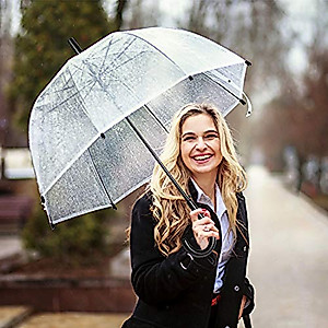 WASING 10 Pack 46 Inch Clear Bubble Umbrellas Wedding Style Large Canopy Transparent Stick Umbrellas Auto Open Windproof with Black European J Hook Handle Outdoor Umbrella for Adult