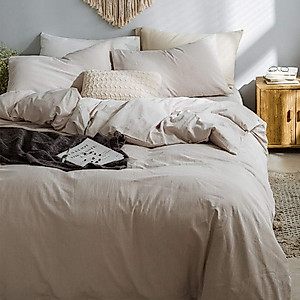 Beige Duvet Cover King, 100% Natural 3 Pieces Washed Cotton Beige Bedding Set, Solid Color Casual Style Duvet Cover, with Zipper Closure Ties, Ultra Soft Comfy Natural Wrinkled (Beige, King)