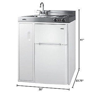 Summit C30ELGLASS 30 Kitchenette with 2 Element Cooktop Refrigerator with Freezer Sink and Faucet in White