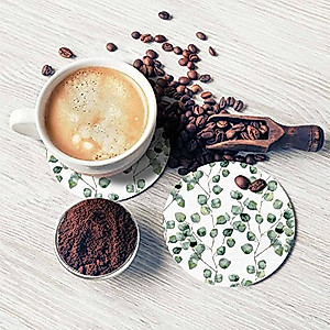 Pznen Eucalyptus Round Leaf Coasters Set for Wood Table Green Branches and Leaves Twig Natural Plant Foliage Tabletop Protection Mat for Mugs and Cups 4 Inch for Kitchen Office Home
