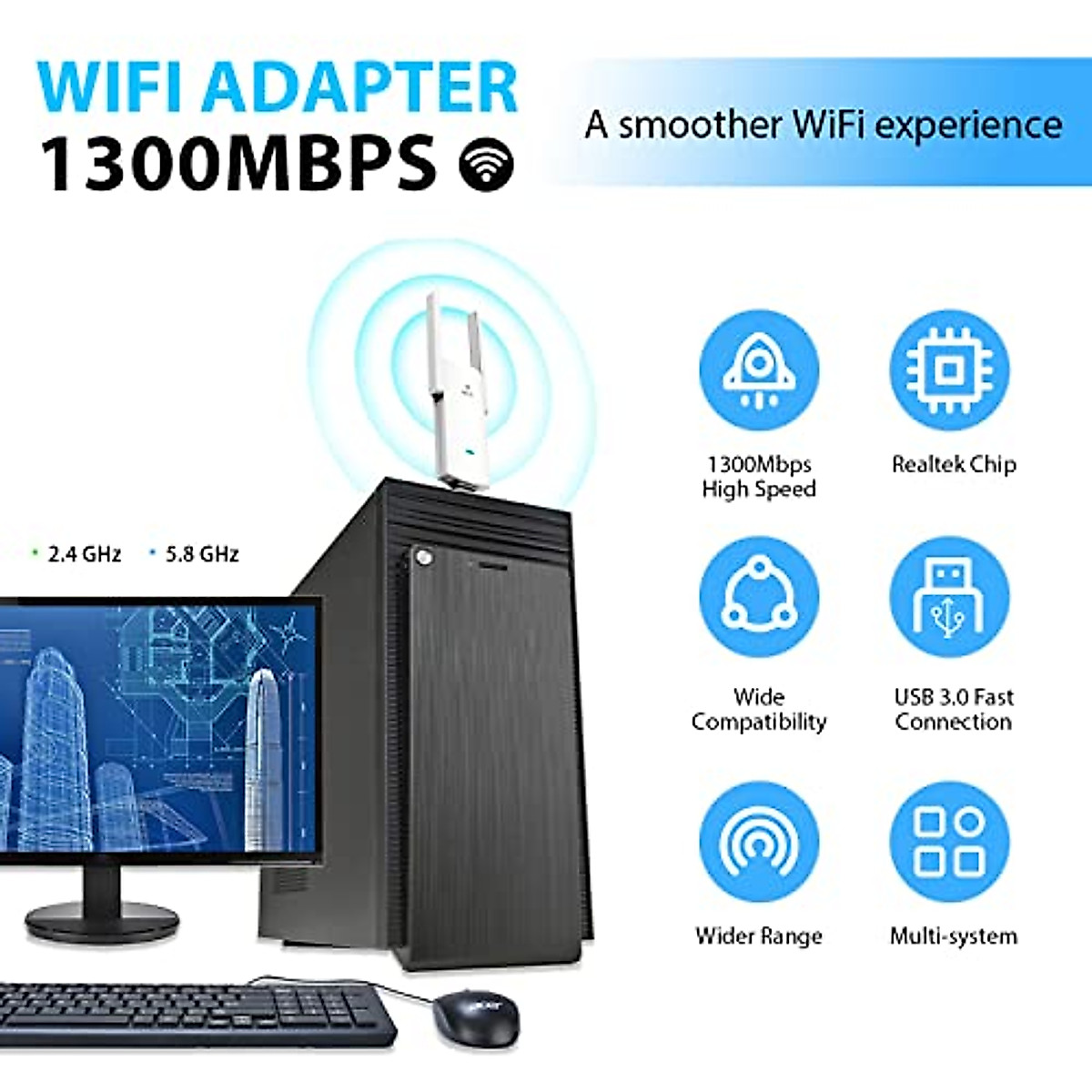 USB WiFi Adapter 1300Mbps USB 3.0 WiFi Dongle Dual Band WiFi Wireless Network Adapter for Desktop Laptop PC, Supports Windows 11/10/8.1/8/7, Mac OS 10.9-10.15, Dual 5dBi High Gain Antennas