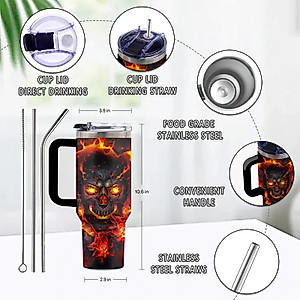 Uibunoo Wicked Cup, 40 Oz Flame Skull Tumbler with Handle & Straw, Wicked Gifts, Birthday Gifts for Horror Lovers Men Women, Stainless Steel Skull Cup, Horror Tumbler