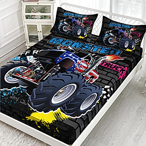 AILONEN Cartoon Monster Truck Fitted Sheet Set Full Size,Popular Large Monster Truck Bed Sheet Set,Cartoon Car Bed Sheet Set for Boys Kids Truck Sheet Set 3 Pieces, 1 Fitted Sheet and 2 Pillowcases
