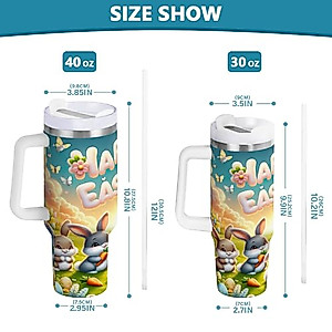 RPLIFE Cute Easter Rabbits Tumbler with Handle, Stainless Steel Coffee Tumbler, Tumbler with Lid and Straw
