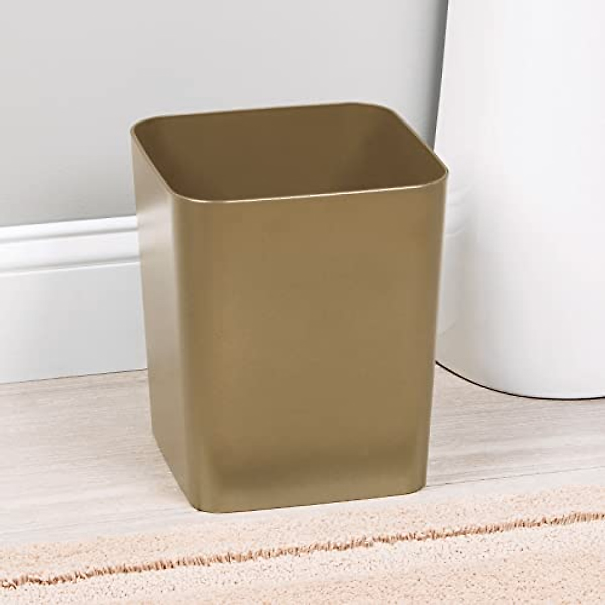 mDesign Square Shatter-Resistant Plastic Small Trash Can Wastebasket, Garbage Container Bin for Bathrooms, Powder Rooms, Kitchens, Home Offices - Soft Brass Finish