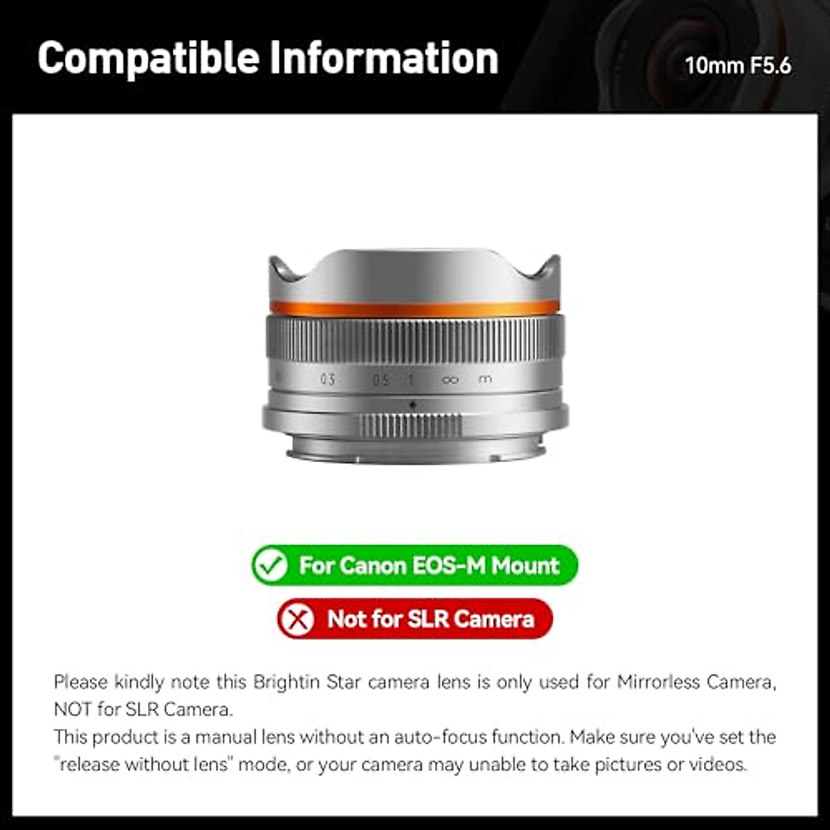 Brightin Star 10mm F5.6 Fisheye Wide Angle APS-C Manual Foucus Mirrorless Camera Lens, Fit for Canon EOS-M Mount M, M2, M3, M5, M6, M10, M100, M50, M200 (Silver)