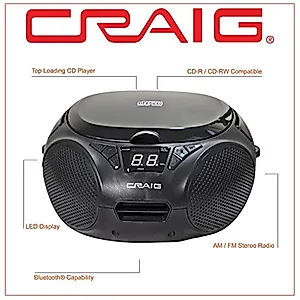 Craig CD6925BT-BK Portable Top-Loading Stereo CD Boombox with AM/FM Stereo Radio and Bluetooth Wireless Technology in Black | LED Display | Programmable CD Player | CD-R/CD-W Compatible | AUX Port |