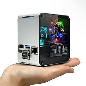 ElectroCookie Raspberry Pi 4 SATA SSD Support Case, Aluminum Mini Tower Case with Cooling Fan and Color Changing Ambient Light (Silver & Black)