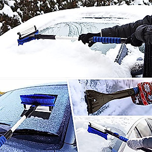 TESSONO Ice Scraper for Car Windshield, Extendable Snow Brush with 270° Pivoting Brush Head,3-in-1 Car Snow Scraper and Brush with Ergonomic Foam Grip for Car Windshield, Trucks, SUVs (Blue)