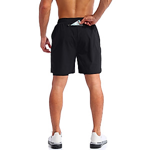 Pudolla Men’s 2 in 1 Running Shorts 7" Quick Dry Gym Athletic Workout Shorts for Men with Phone Pockets(Black Large)