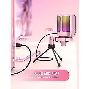 FIFINE USB Gaming PC Microphone for Streaming Podcasts, AmpliGame RGB Computer Condenser Desktop Mic, Cardioid Pattern for YouTube Video, Plug and Play on PS4 PS5, with Quick Mute, Mic Gain-A6V Pink