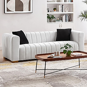 kevinplus 87.8'' Velvet Sectional Sofa Couch for Living Room, Modern Contemporary Chesterfield 3-Seat Sofa Couch for Apartment Bedroom Office, Strong Gold Metal Legs, 2 Pillows, White