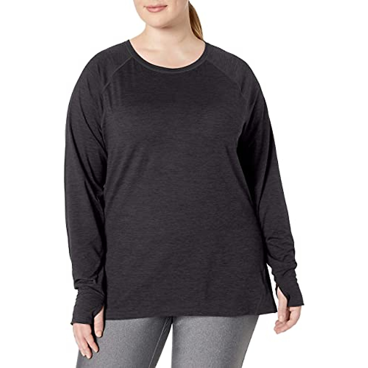 Amazon Essentials Women's Brushed Tech Stretch Long-Sleeve Crewneck Shirt (Available in Plus Size), Black/Space Dye, Medium