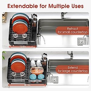 TOOLF Extendable Dish Rack, Dual Part Dish Drainers with Non-Scratch and Movable Cutlery Drainer and Drainage Spout, Adjustable Dish Drying Rack for Kitchen, 1 Piece Black