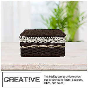 CLISPEED Wicker Storage Basket Woven Basket with Lid Rectangular Decorative Tray Bathroom Storage Organizer Basket for Pantry Toilet Bathroom Bedroom Patio