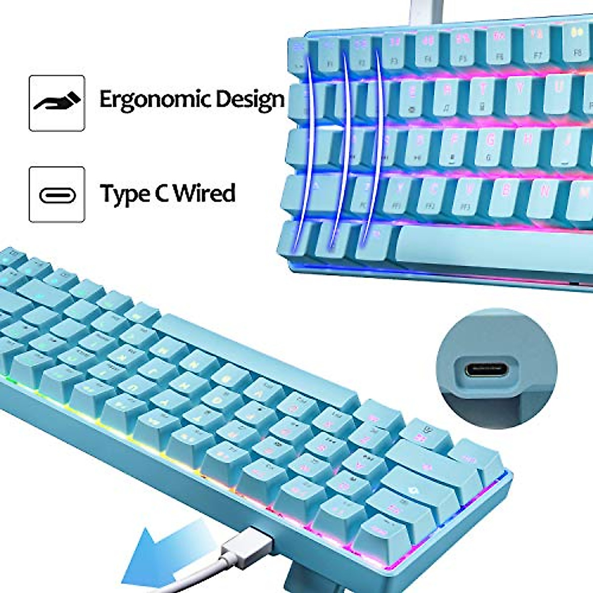 60 Percent Mechanical Gaming Keyboard Blue Switch 68 Keys Wired RGB 18 Backlit Effects,Lightweight Gaming Mouse 6400 DPI,Mousepad for Gamers,Typists(Blue)