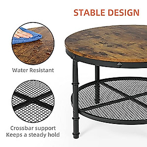 STHOUYN Small Round Coffee Table with Storage, Rustic Center Table for Living Room, Wood Surface Top & Metal Legs & Open 2-Tier Shelf, Save Space, Brown