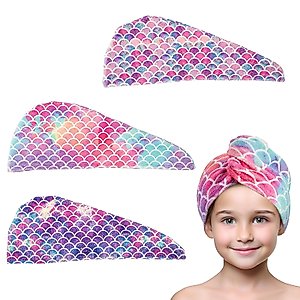 MADHOLLY Microfiber Hair Towel for Kids Gifts - Soft Super Absorbent Rapid Drying Hair Towel Wrap Turban for Girls Women with Button, Anti-Frizz for Thicker Curly Long Hair, 3Pack