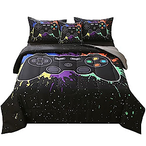 JQinHome Twin Gamer Comforter Sets for Boys&Girls ,6 Piece Bed in A Bag 3D Video Game Bedding -All Season Microfiber Gamer Bedding Sets for Kids, with Pillowcase, Flat & Fitted Sheet,Cushion Cover
