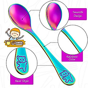 Boao 6 Pieces Rainbow Kids Spoons Stainless Steel Rainbow Kids Cutlery Kids Silverware Kids Utensil Child and Toddler Safe Flatware for Home and Preschools