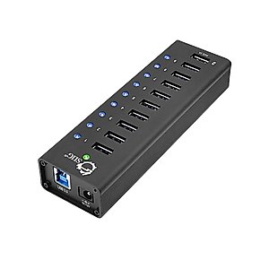 SIIG 10 Port USB Hub with 9 USB 3.0 Data ports and 1 charging port, 12V/5A Power Adapter, for Tablets, Smartphones, Hard Disk
