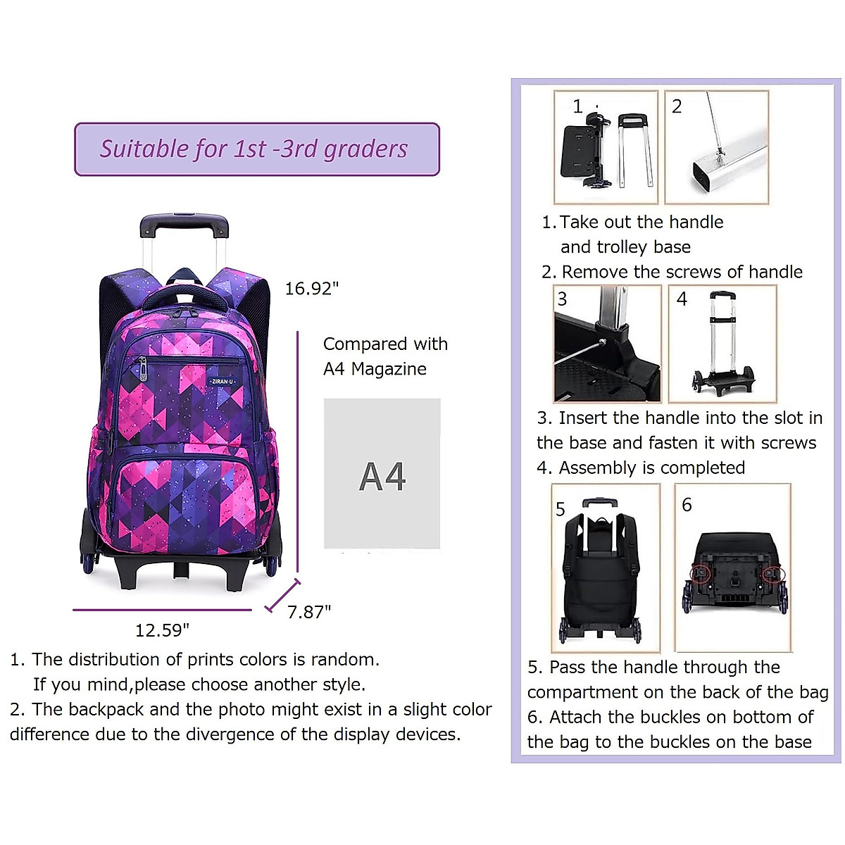 ETAISHOW Boys Girls Rolling Backpack with Wheels Geometric Kids Roller School Bag Wheeled Bookbag for Women Purple