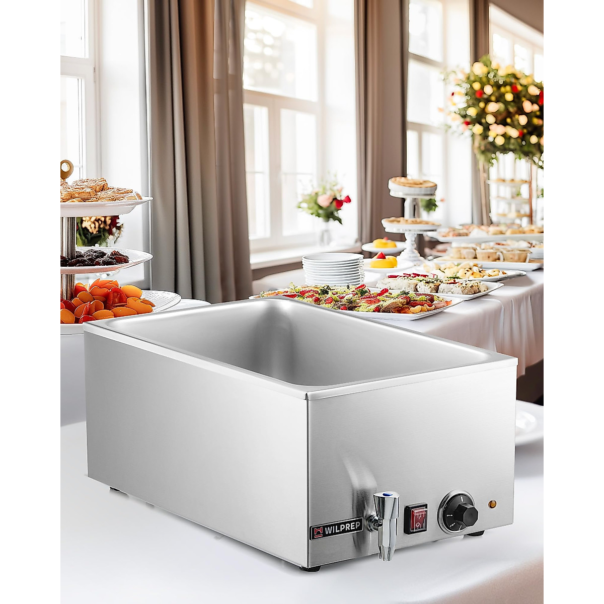 WILPREP Commercial Food Warmer, 12 x 20 in Full Size Electric Countertop Food Warmer with 1200W Power, Stainless Steel Bain Marie Buffer Server with Faucet for Parties Buffets Restaurants