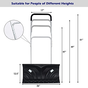 Goplus Rolling Snow Pusher Shovel, Handle Adjustable Snow Removal Tool, Manual Push Plow with 6-Inch Wheels for Driveway Pavement Stoop (Black)