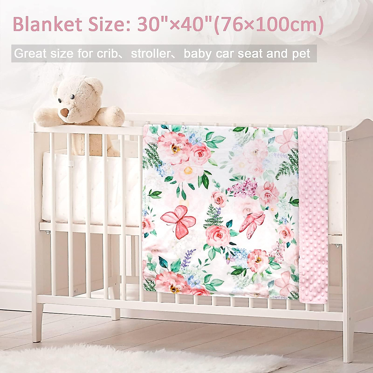 Baby Blankets for Girls Super Soft Minky Toddler Blanket 30x40 Inches, Double Layer, Dotted Backing, Floral Baby Crib Blanket for Nursery, Baby Car Seat, Pet, Pink Flower