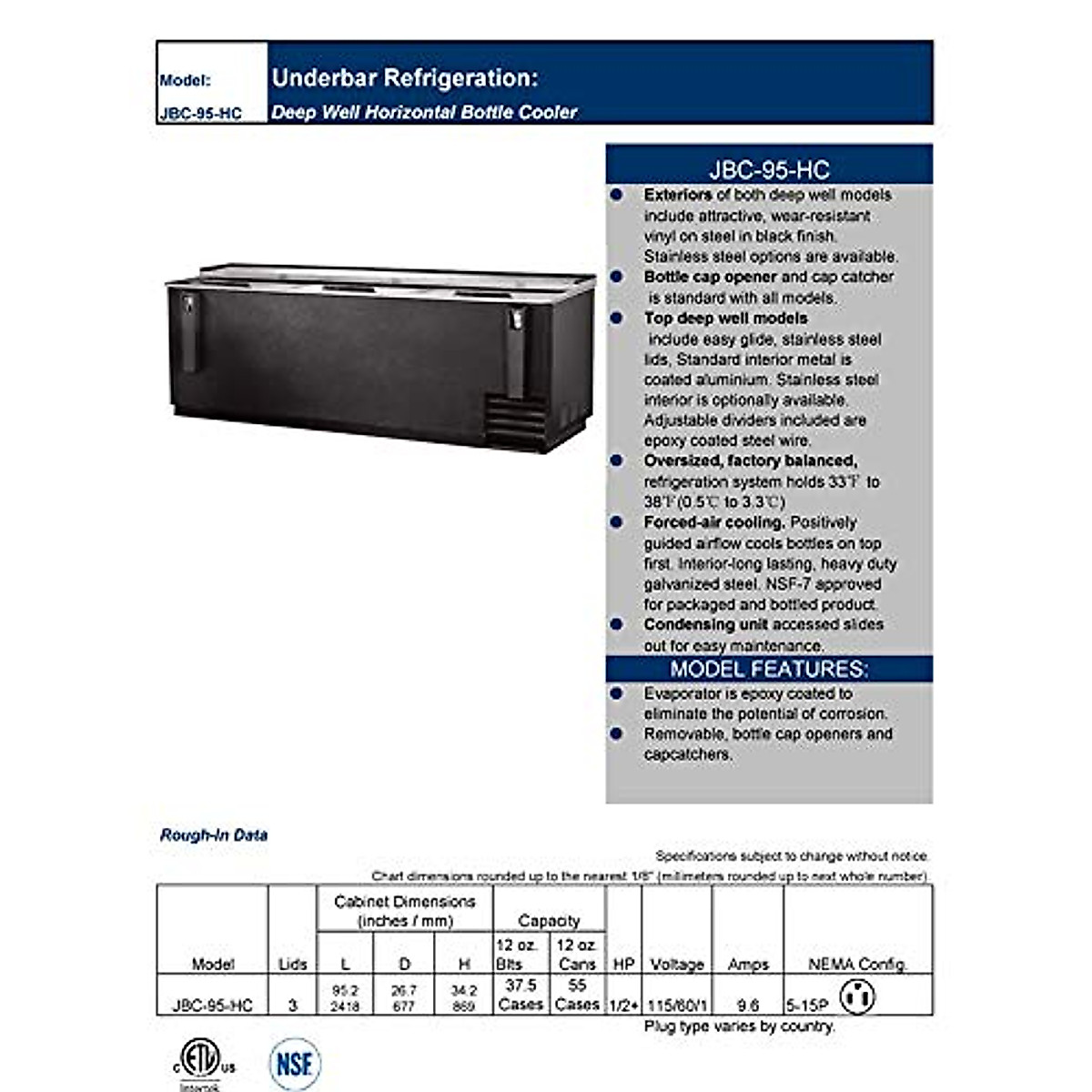 Horizontal Bottle Cooler Deep Well 95" Width NSF Certified Commercial beer bottle Refrigerator Black 33°-38°F Top-Loading