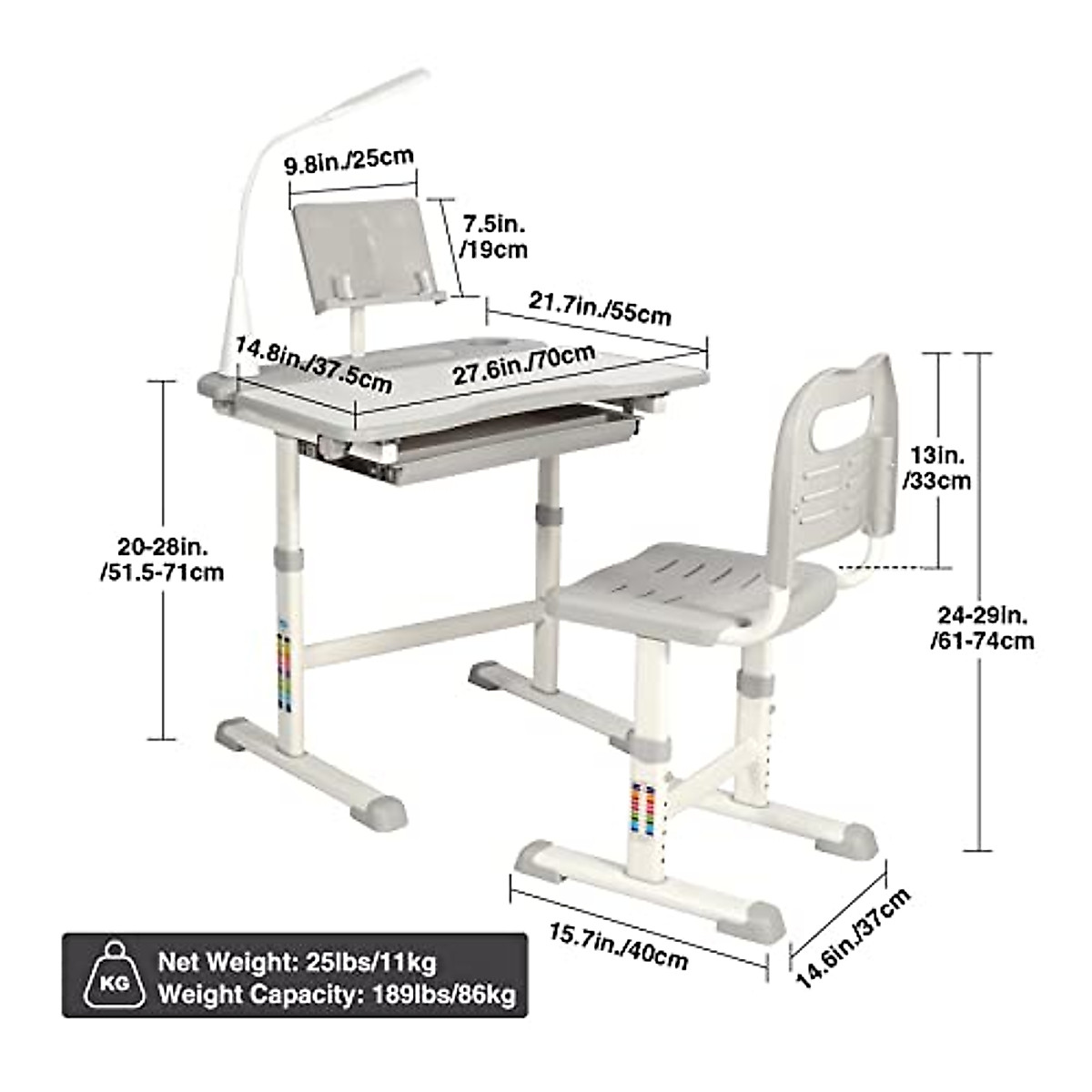 RedSwing Kids Desk and Chair Set, Adjustable Height Children Study Table Chair with Led Light, Bookstand, Portable Kids Desk with Tilted 0-60° Table Top for Age 3-15, Gray