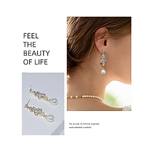 UDORA Women Zirconia Teardrop Pearl Long Dangle Earrings Bridal Bridesmaid Wedding Gifts (Gold)