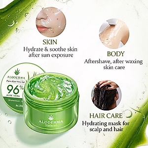 Aloderma Organic Aloe Vera Gel for Face & Body, 96% Pure Aloe Gel Made within 12 Hours of Harvest, Ideal for Skin, Scalp, & Hair Hydration, Calming Moisturizer for Soothing After Sun Care Relief, 7oz