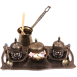 HeraCraft Antique Bronzed Color Turkish Coffee Serving Full Set - with Turkish Coffee Multi Serving Tray 6 oz Coffee Pot 2pcs Cups Lids Tray Sugar Bowl Spoons - Best Gift Set