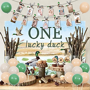 Fangleland Mallard Duck 1st Birthday Decorations for 1 Year Old Boy, One Lucky Duck Theme Boy First Birthday Party Supplies with Cake Topper, Backdrop, High Chair Banner, Balloons