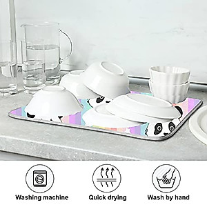 Cartoon Panda Rainbow Stripe Dish Drying Mat Counter Mats for Kitchen Dish Drainer Tray Heat Resistent Mat Terry Cloth Dish Drying Mat 18 x 24