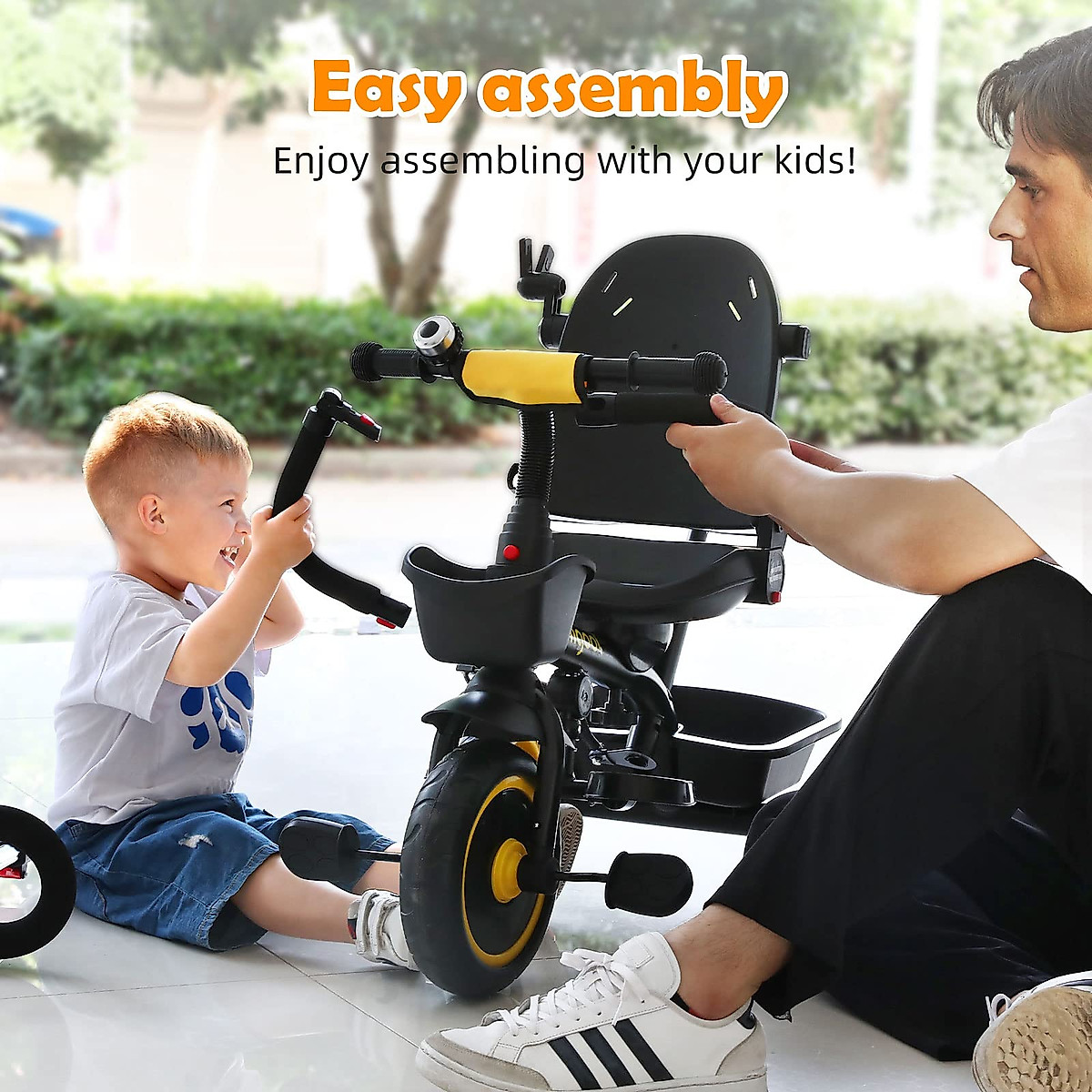 Lamgool Toddler Tricycles 4 in 1 Stroll Trike with Push Handle Removable Canopy Detachable Guardrail Retractable Foot Plate Safety Harness Storage Stroller Kids Tricycle for 12Months to 5 Years Yellow