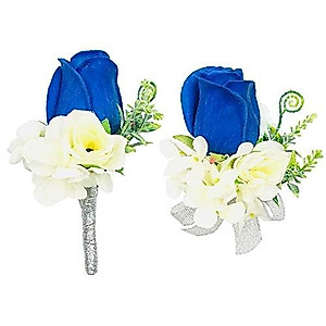 Abbie Home Prom Corsage Boutonniere Set Rose Flower Pin Wristlet for Party (Royal Blue)