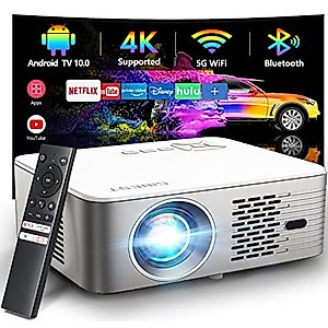 4K Support Android TV 10.0 Projector 5G WiFi Bluetooth Native 1080P, CIBEST Full-Sealed Optical Engine Home Movie FHD Projector with Netflix/Prime Video Built-in, 8000+ Apps, Autofocus, Stereo Sound