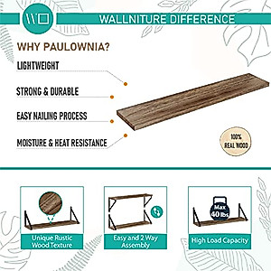 Wallniture Bora Floating Shelves, 24”x6”, Set of 4, Small Bookshelf Unit for Living Room, Office, Bedroom, Natural Burned Rustic Wood Wall Decor with Metal Shelf Bracket