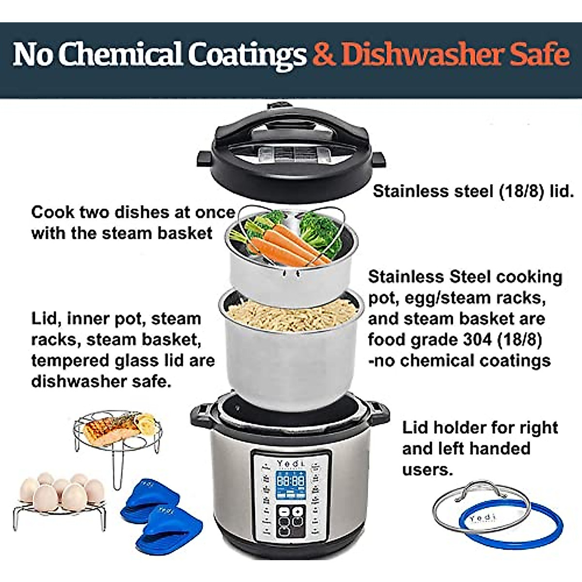 Yedi 9-in-1 Total Package Instant Programmable Pressure Cooker, 6 Quart, Deluxe Accessory kit, Recipes, Pressure Cook, Slow Cook, Rice Cooker, Yogurt Maker, Egg Cook, Sauté, Steamer, Stainless Steel