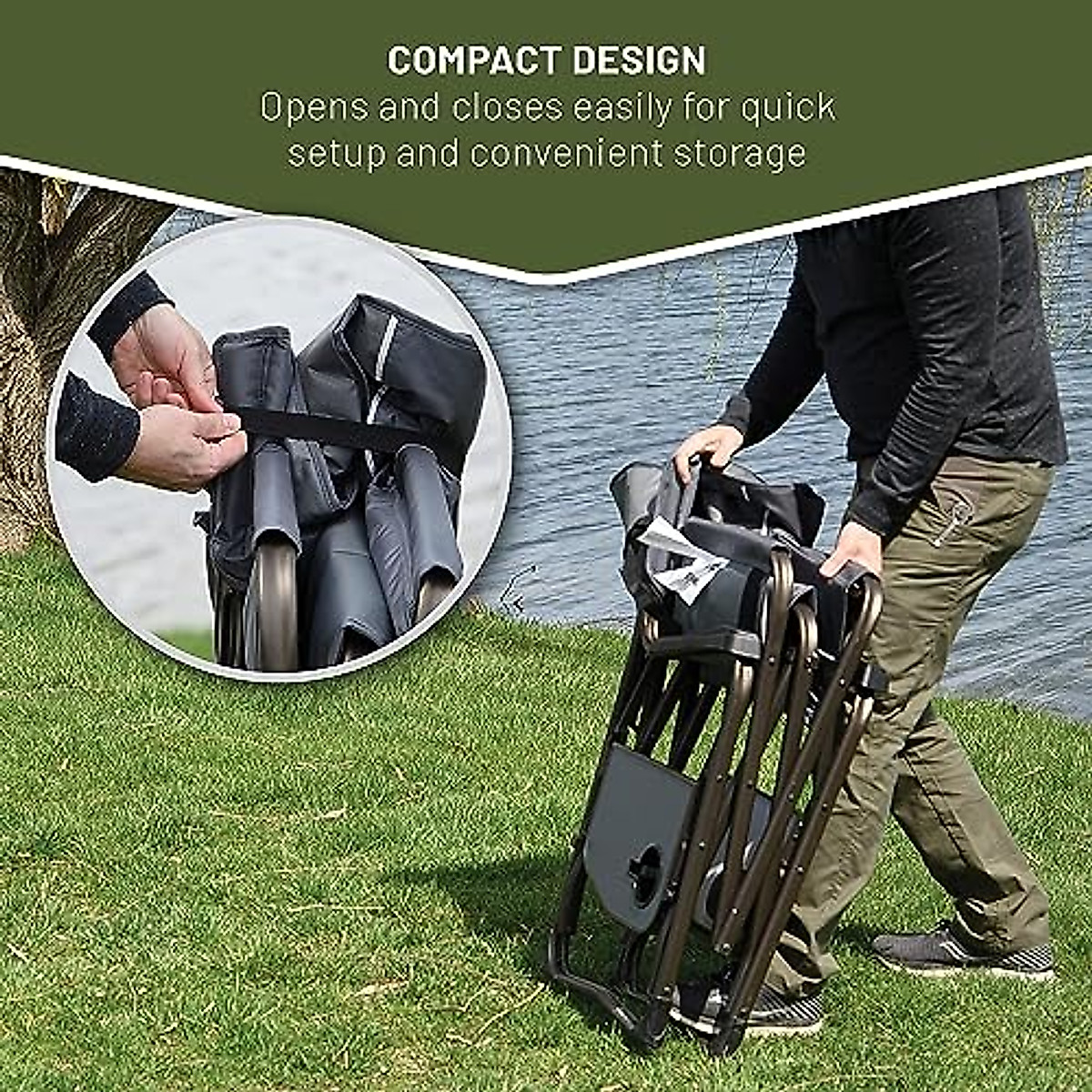 TIMBER RIDGE Oversized Double Folding Camping Side Tables 2 Person Lawn Chair, Heavy Duty Support 600 LBS for Outdoor, Grey