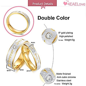 4EAELove Customize Forever Love Promise Couple Rings Inside Free Engraved Cubic Zirconia Rings Wedding Bands Engagement Gifts Titanium Steel Golden (Couple,1 PAIR)
