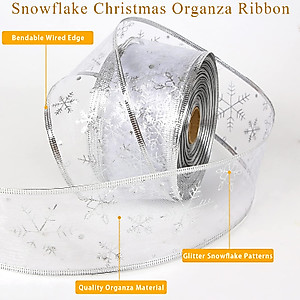 CCINEE Snowflake Christmas Organza Ribbon 2.5"X 50 Yards Silver Snowflake Wired Sheer Glitter Ribbon for Xmas Tree Decor Gift Wrapping Craft Party Decoration
