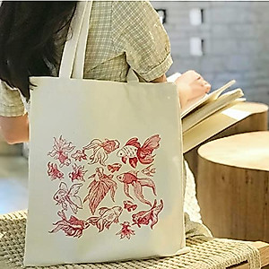 THEYGE Goldfish Canvas Tote Bag Aesthetic Cotton Canvas Bag for Women Girls Gift Cute Fish Tote Bag Book School Shopping Shoulder Bag Beach Bag