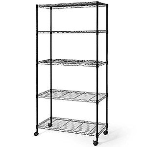 Fencer Wire 4/5-Tier Adjustable Height Wire Shelving Unit, Garage Shelving Storage Organizer, Wire Rack Shelving, Metal Steel Storage Shelf, Utility Storage Shelf with Leveling Feet and Wheels, Black