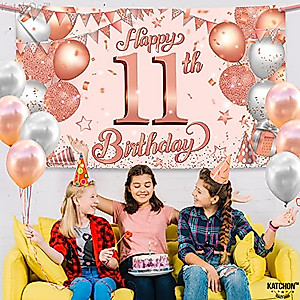 KatchOn, Happy 11th Birthday Backdrop - 72 x 44 Inch | Rose Gold Happy 11th Birthday Banner | 11th Birthday Decorations for Girls, 11th Birthday Party Decorations | 11th Birthday Backdrop for Girls