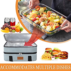 Cooklux Insulated Casserole Carrier - Double Decker Design, Food Warmer Bag for Hot&Cold Food Travel, Fits 9x13 Casserole Dish, Leak-Proof, Durable Nylon, Zip Pockets, Grey