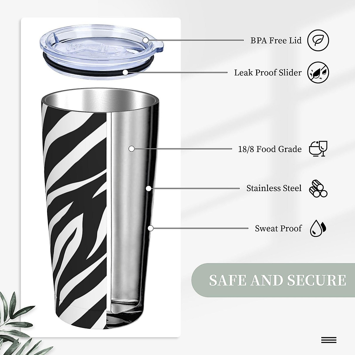 CHASOEA Zebra Tumbler 20oz Animal Skin Print Stainless Steel Insulated Tumblers with Lid and Straw Funny Travel Coffee Mug Tea Wine Cups Water Bottle Sport Gifts for Women Men
